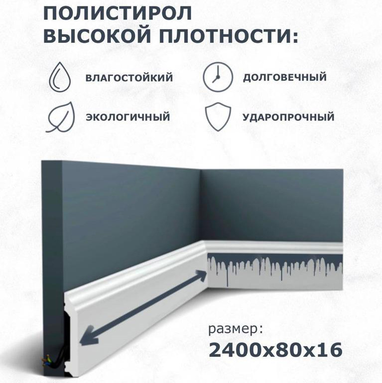 Плинтус из дюрополимера Poly, 2400x80x16, Белый под покраску 100 купить ...